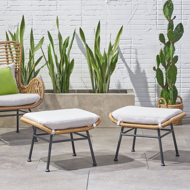 Ingle Wicker Outdoor Ottoman with Sunbrella Cushion Set of 2 Wade Logan Color Light Brown Beige